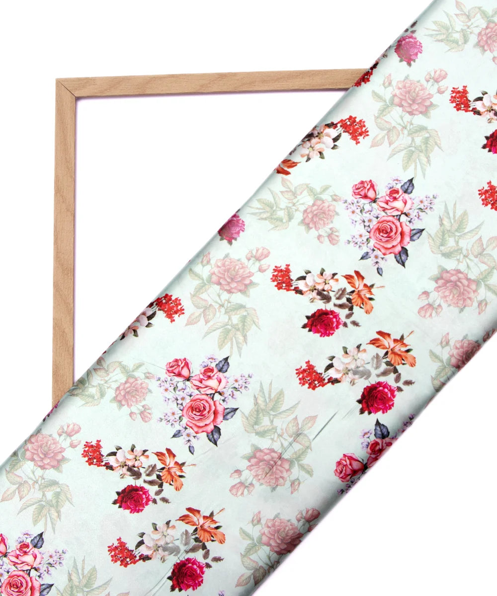 Buy Green Floral Digital Print Japan Satin Fabric Online – Fabric Bazaar